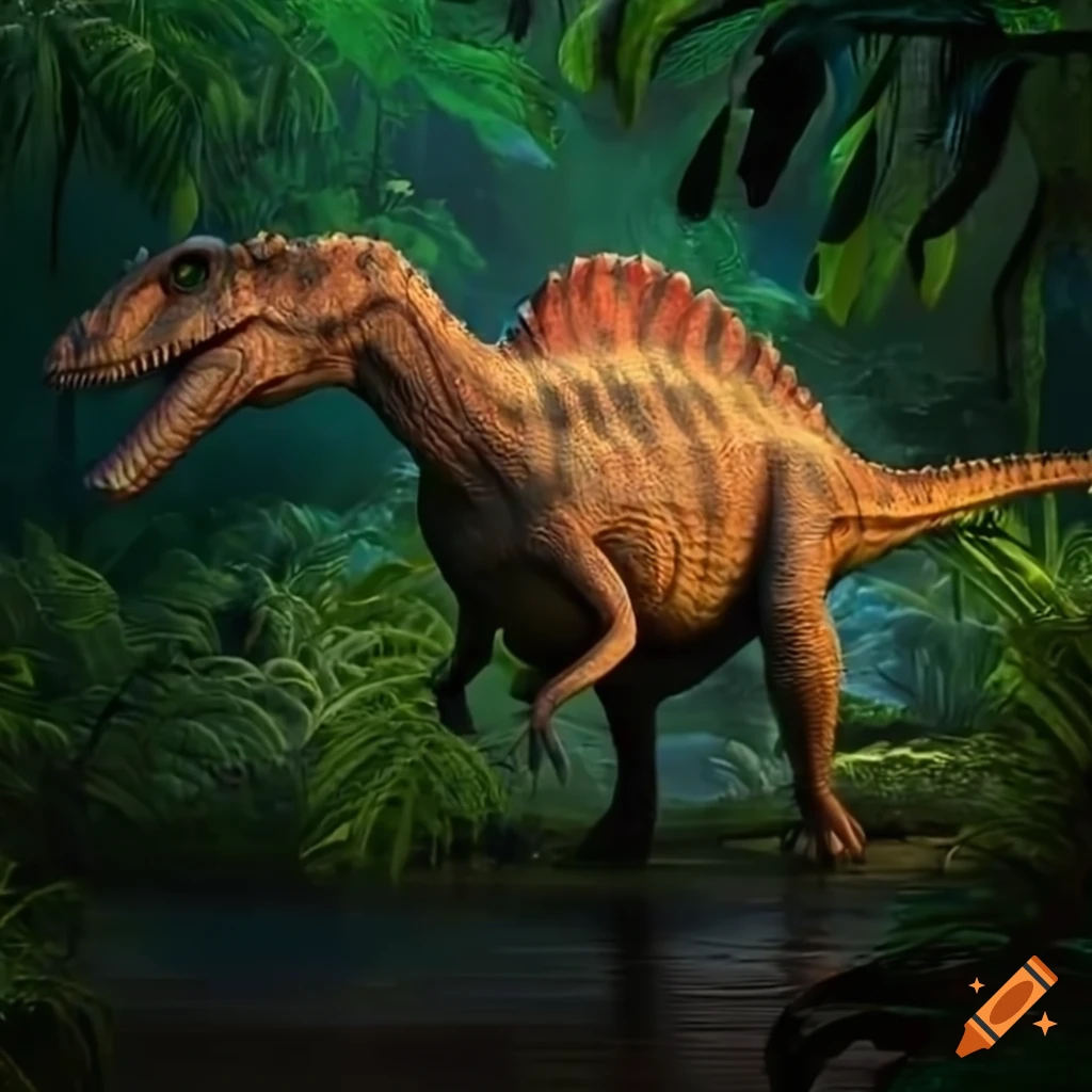 Illustration of a spinosaurus in a jungle on Craiyon