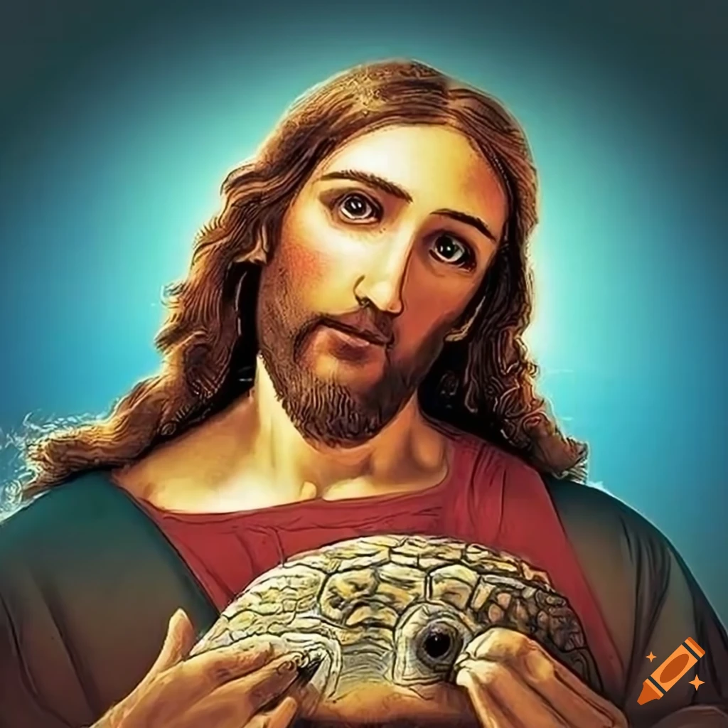 Religious art with jesus on a turtle on Craiyon