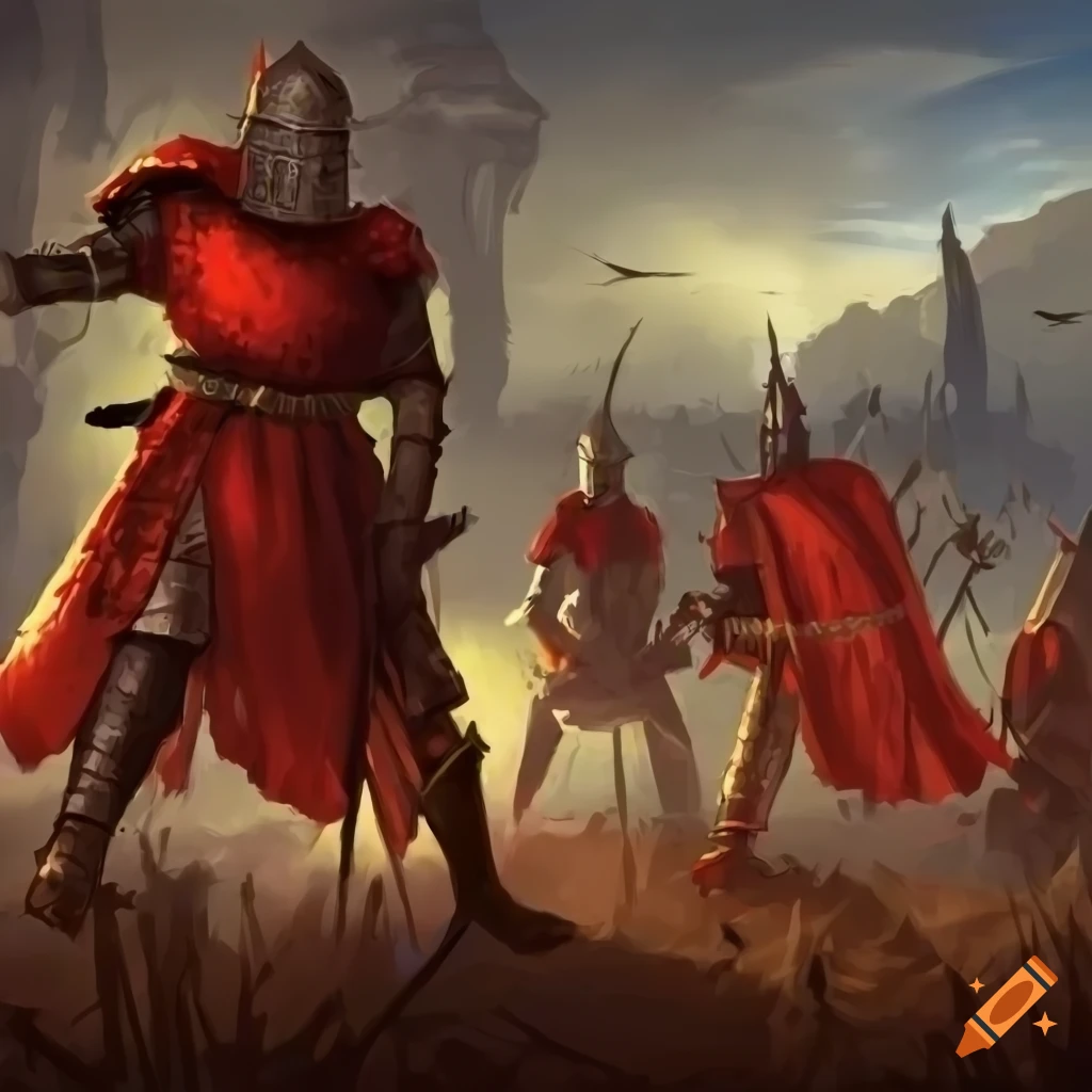 Illustration of red knights entering a sunny rural town on Craiyon