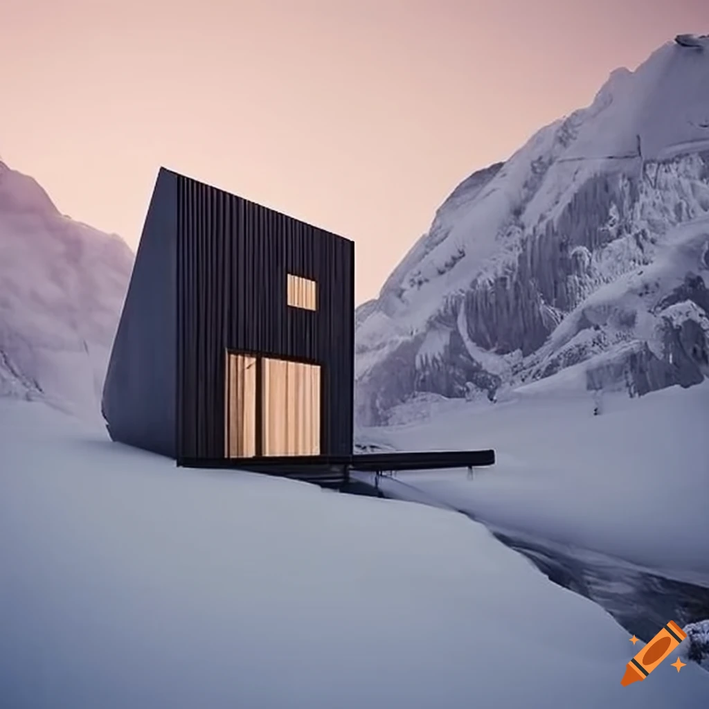 Surreal ski cabin made of concrete panels near krafla slopes on Craiyon