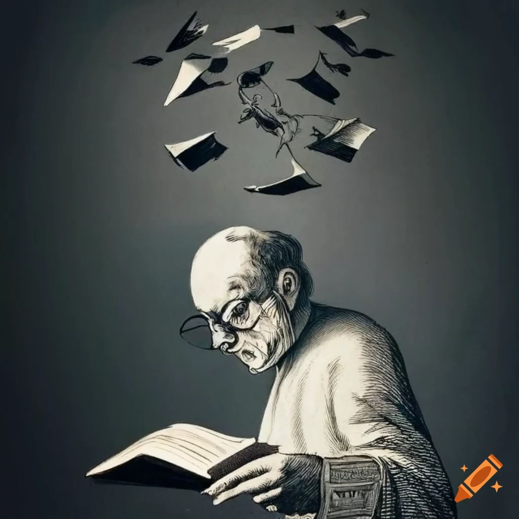 Etching of a man flying with glasses and a book