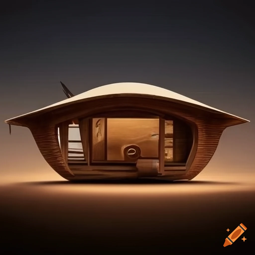 Futuristic pod with wooden accents in a midwestern town on Craiyon