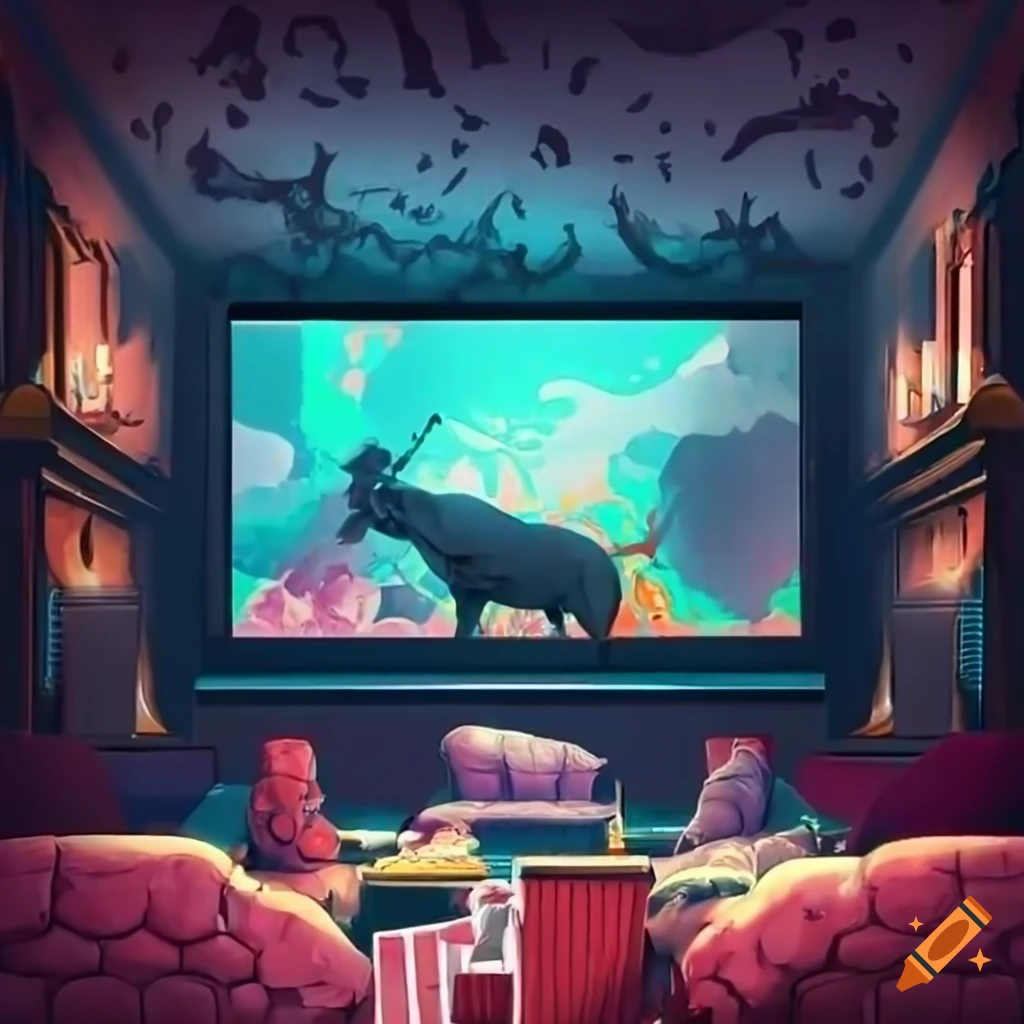 Animals enjoying a movie in a vibrant cinema room on Craiyon