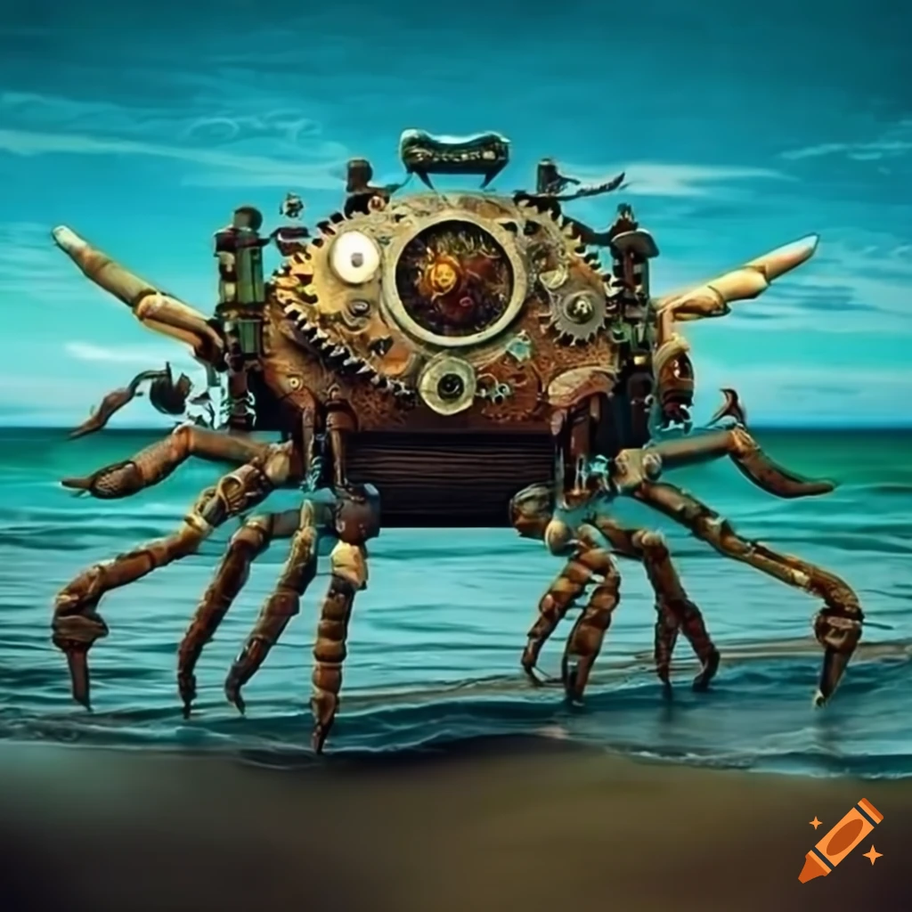 Surrealistic steampunk crab machines on the beach on Craiyon