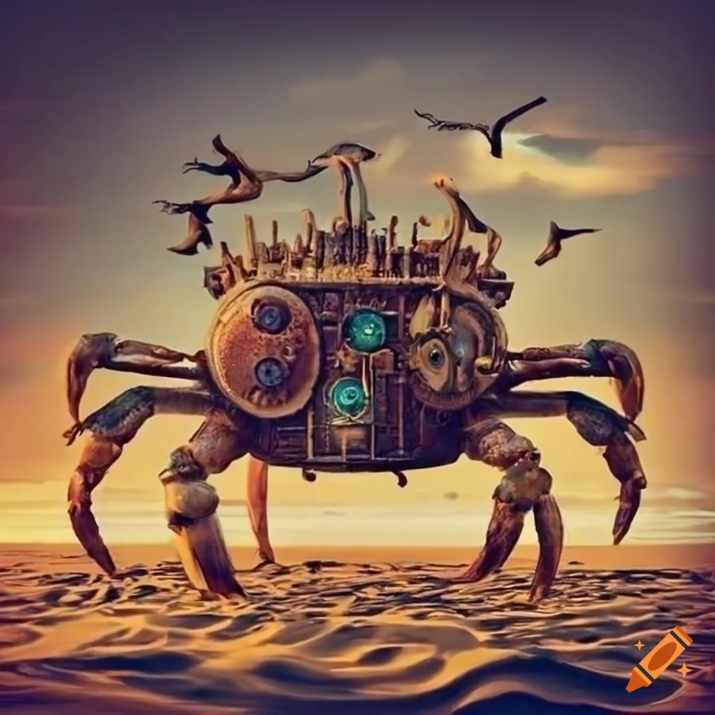 Surreal steampunk crab machines on the beach