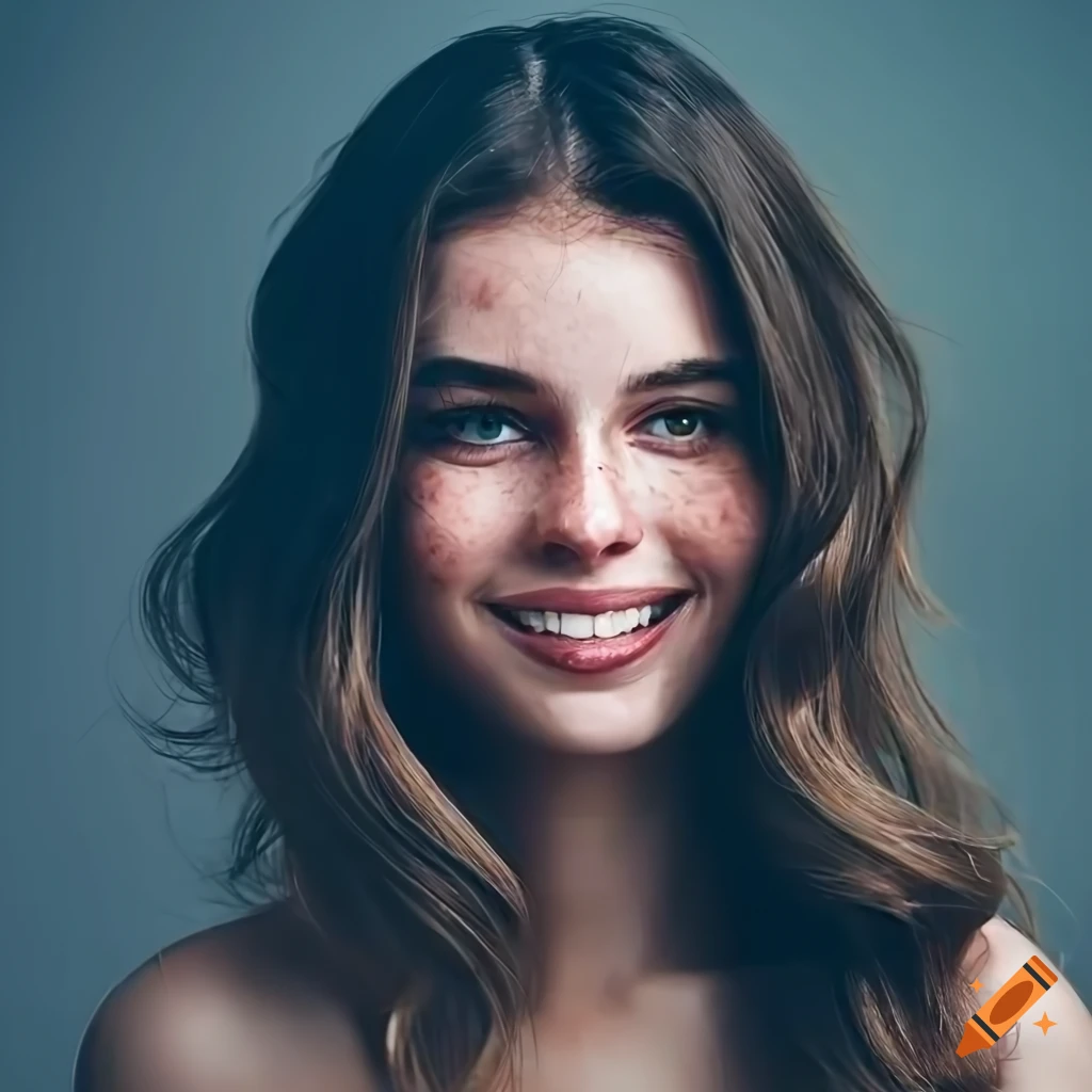 Portrait of a beautiful young woman with freckles and wavy dark brown hair on Craiyon