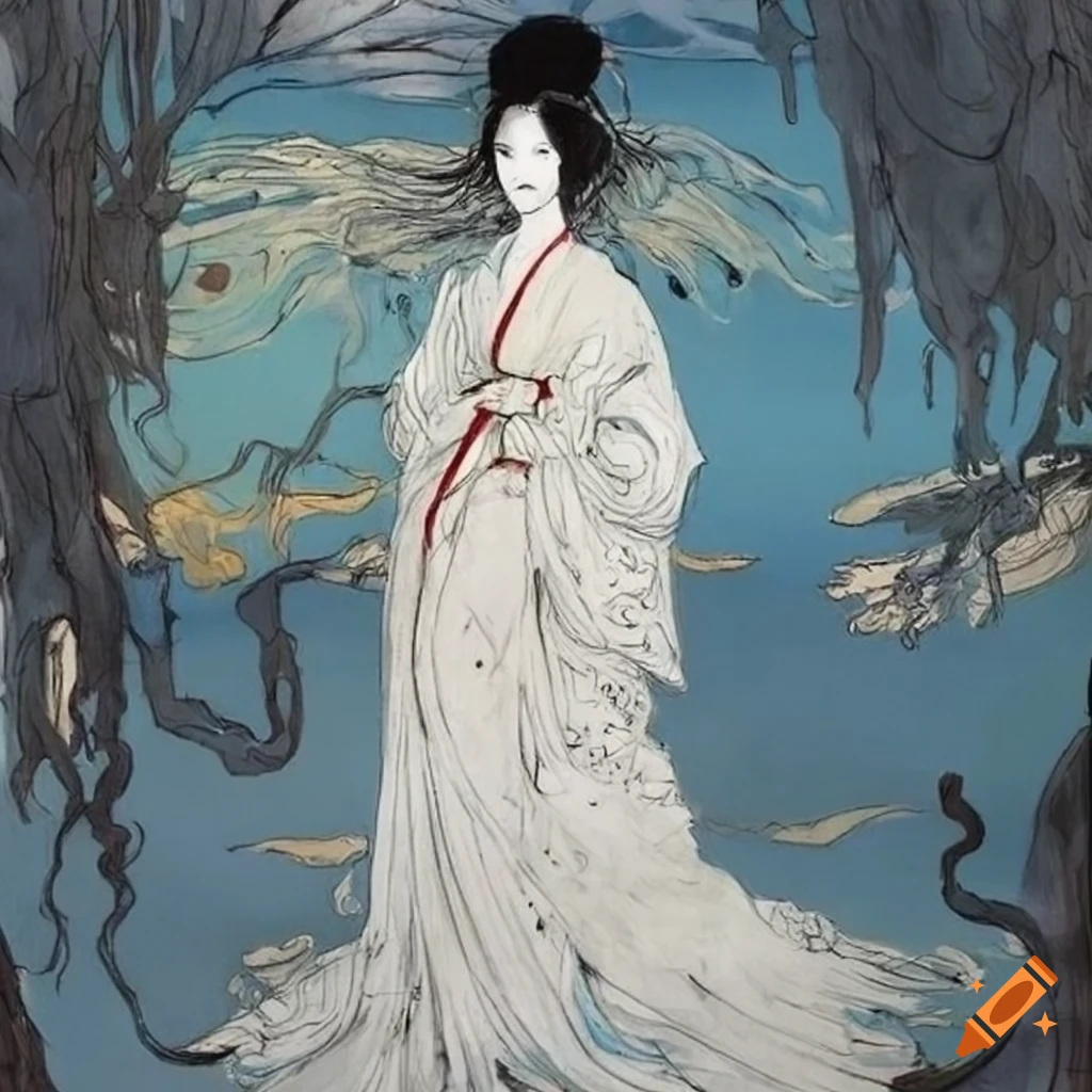 Sketch of a elegant ghostly Japanese woman in white on Craiyon