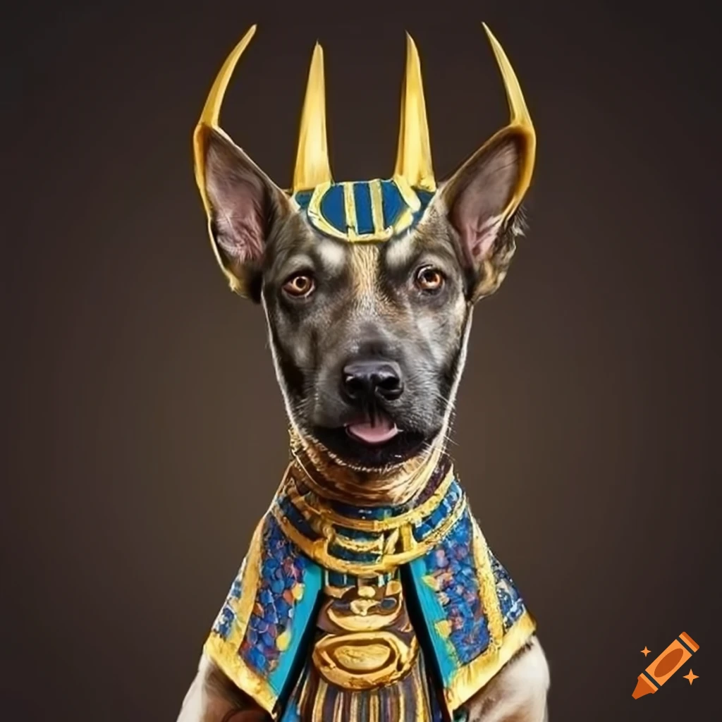 Portrait of a dog dressed as anubis pharaoh