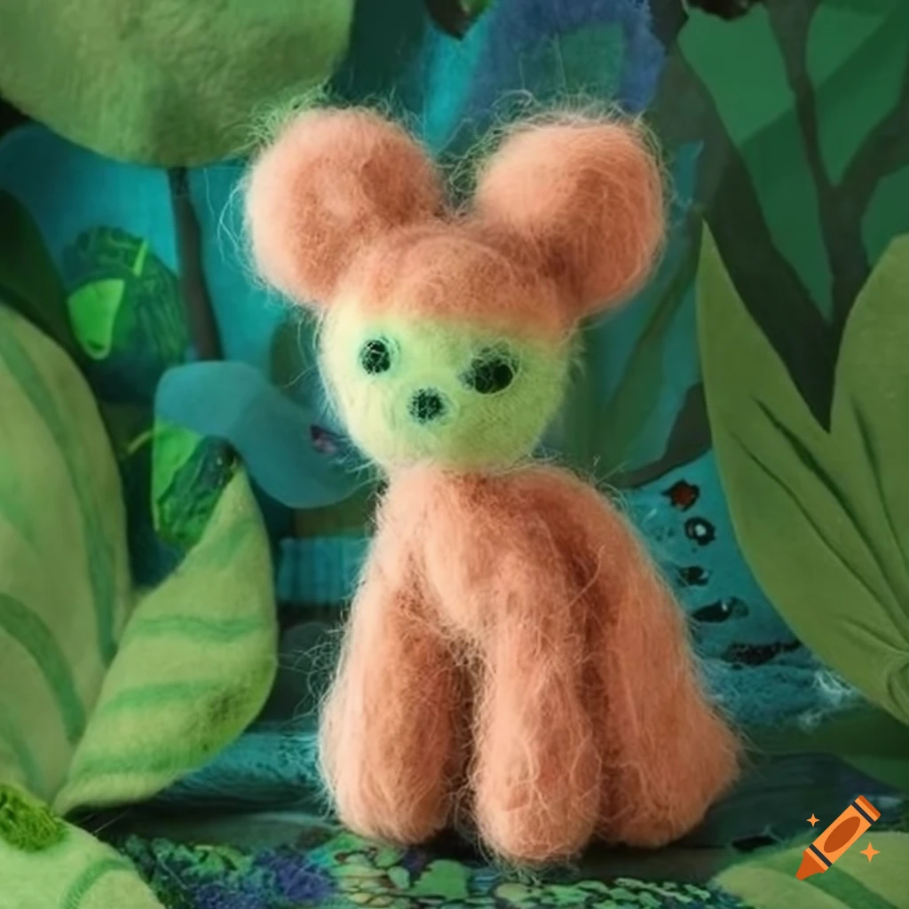 Felted wool creatures with wool clothing in a garden setting on Craiyon