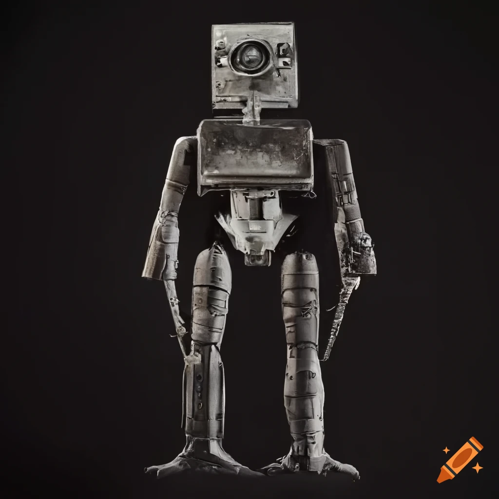 Portrait of a robot hiking in the mountains with a metal pet