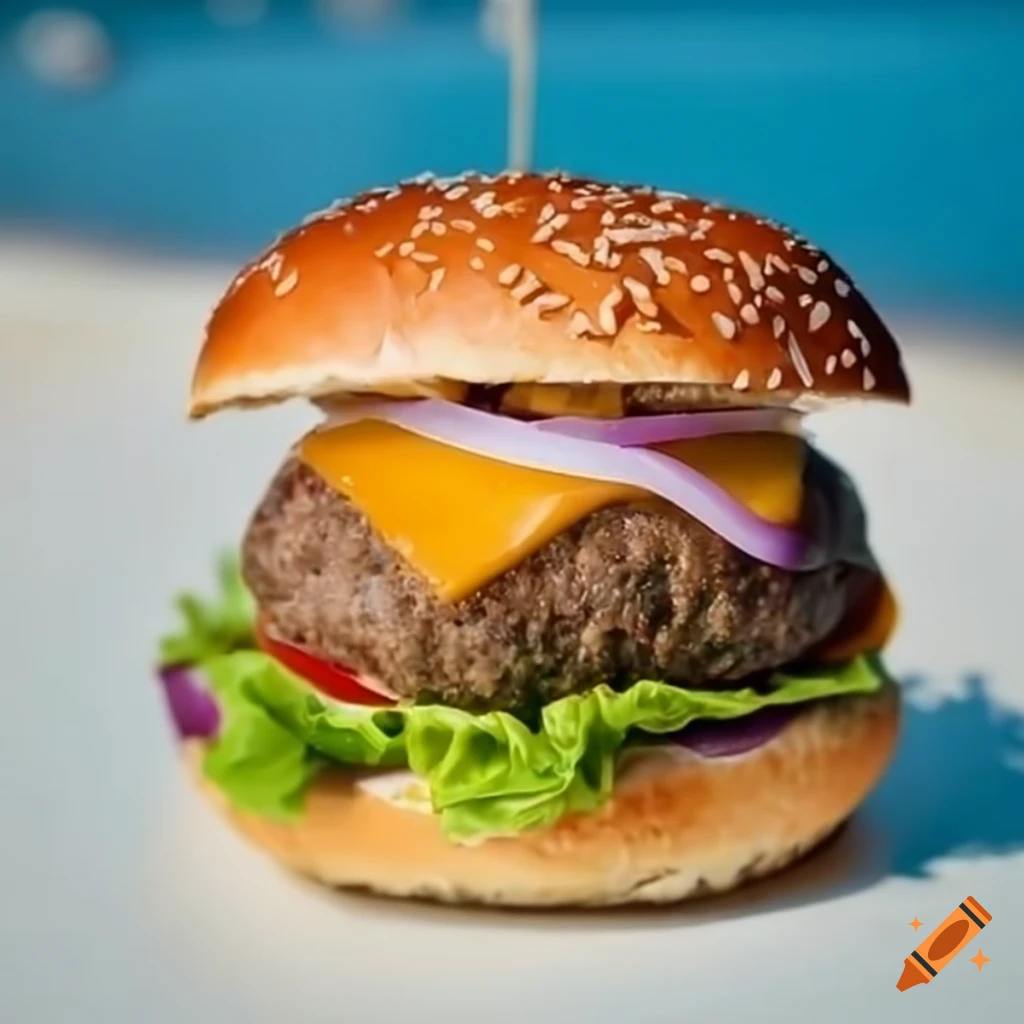 Delicious burger on a fancy plate by the sea on Craiyon