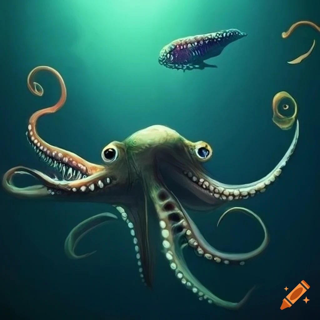 Surrealistic depiction of abyssal fish and strange underwater creatures ...