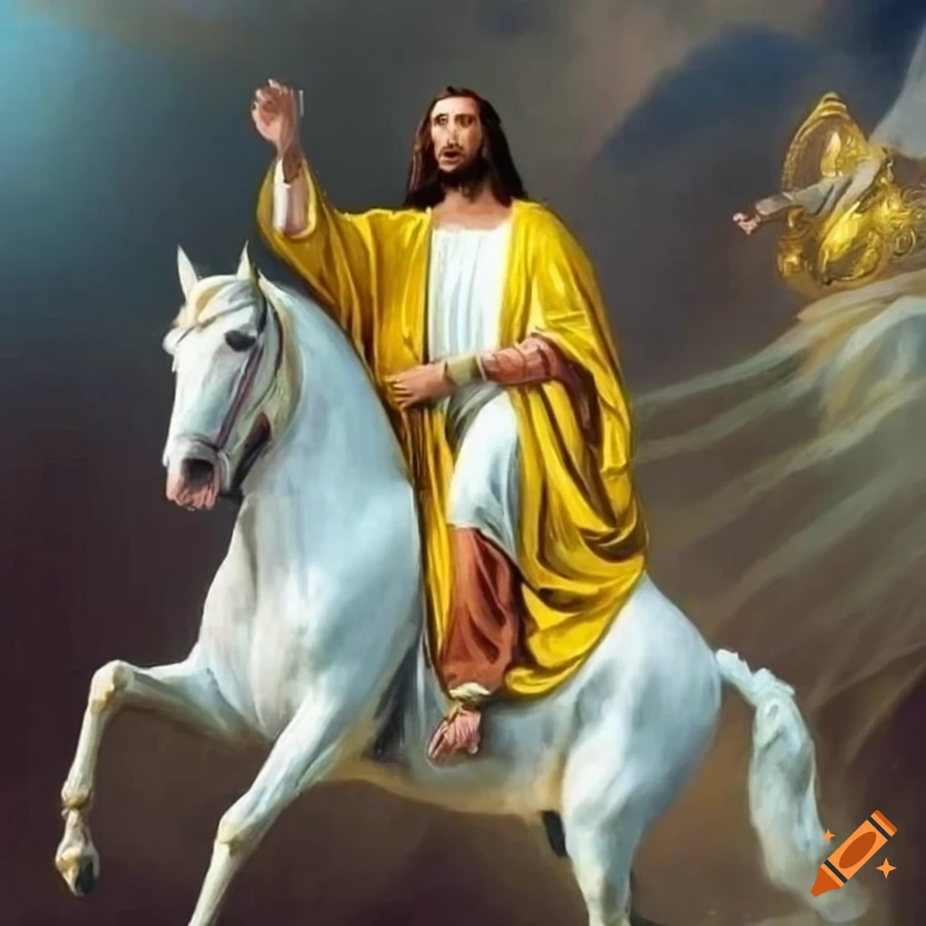 Depiction of jesus riding a white horse with angels on Craiyon