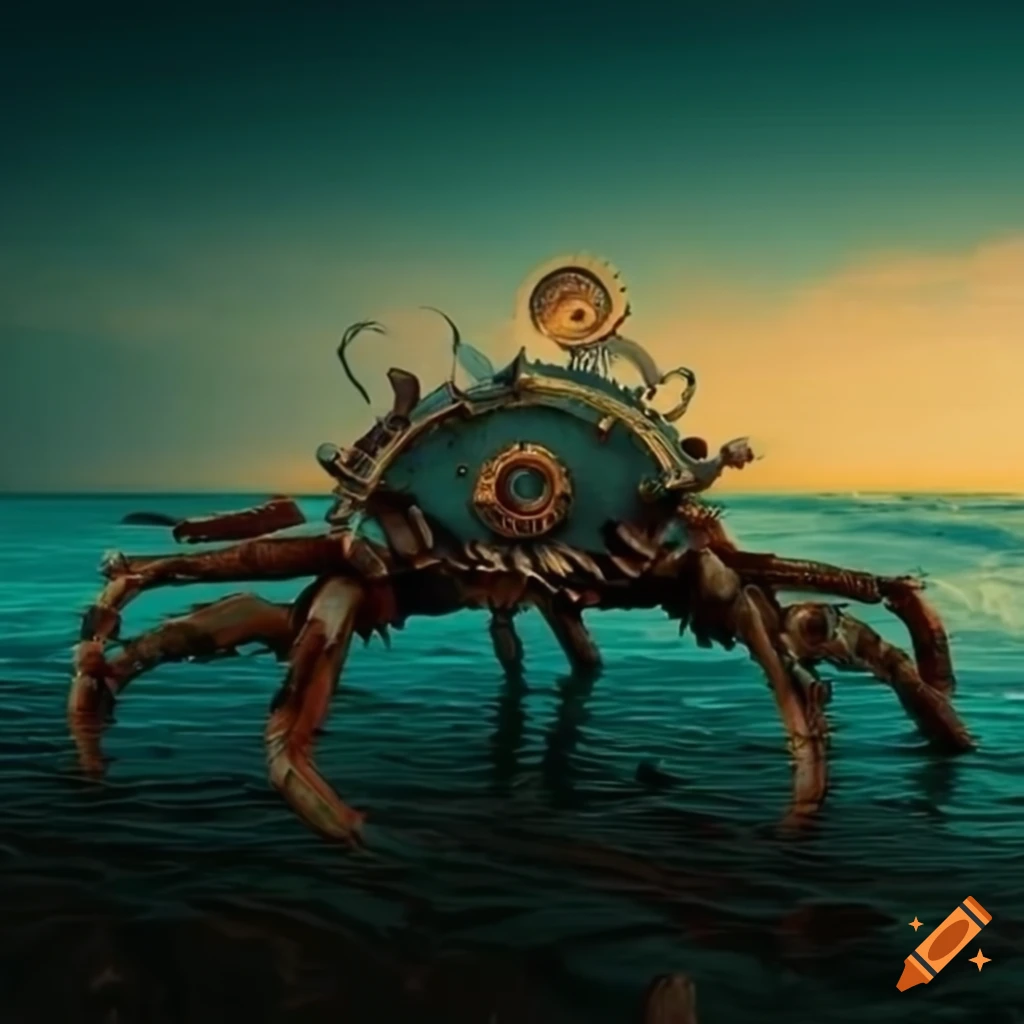 Surreal steampunk crab machines on the beach