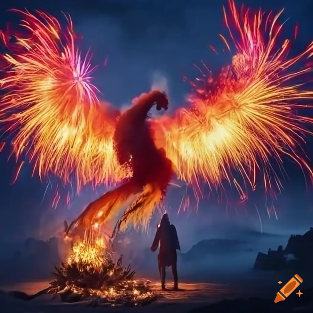 Fantasy artwork of a phoenix rising amid fireworks and northern lights ...