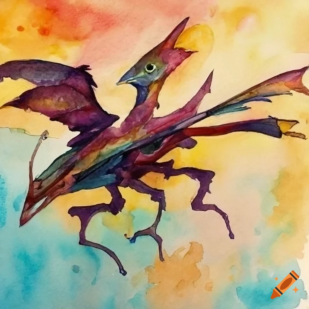 Watercolor painting of a fantasy ornithopter