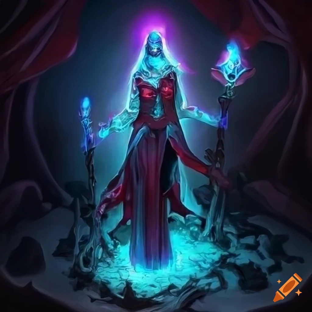 Skeletal mage with red glow and crystal on Craiyon