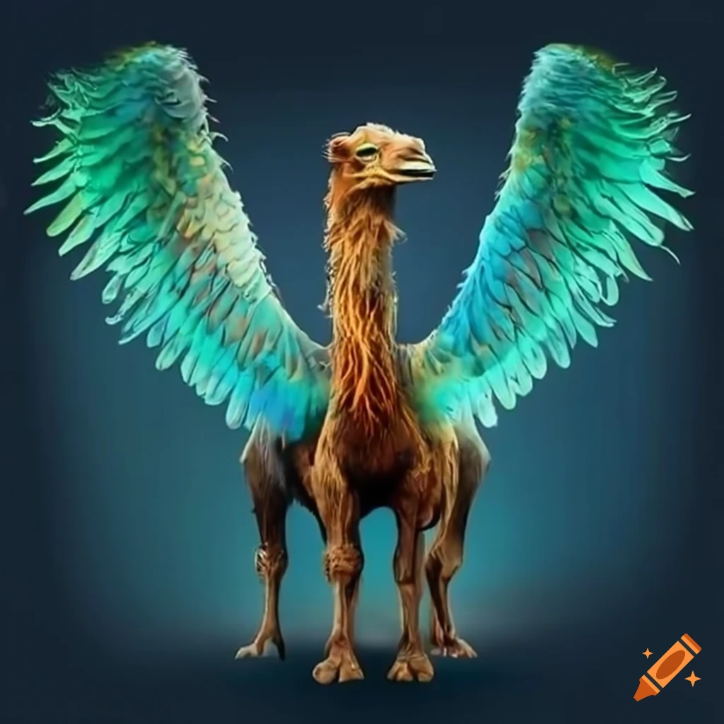 Artistic illustration of a winged camel on Craiyon