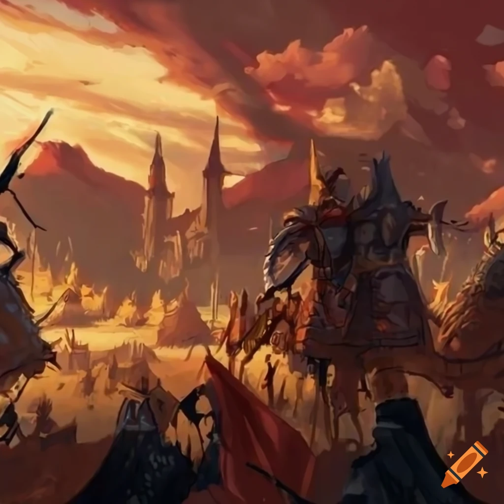 Illustration of knights in red entering a town on Craiyon