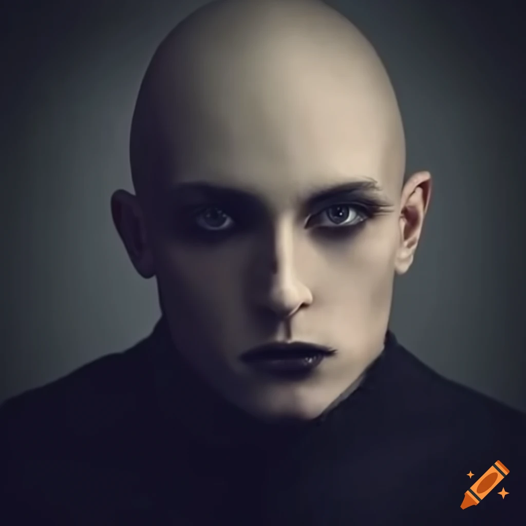 Screaming goth bald man with black eyes in a retrowave style on Craiyon