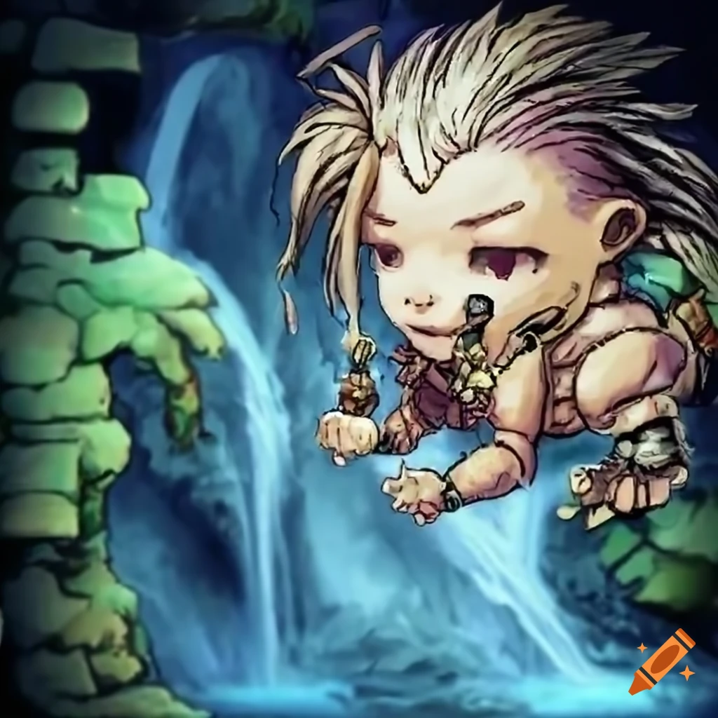 Gau from Final Fantasy VI jumping in a waterfall on Craiyon
