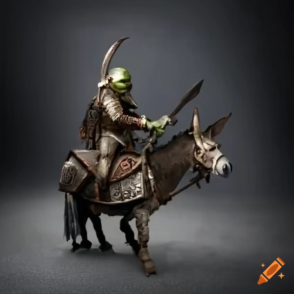 Illustration of an armored goblin riding a donkey to battle on Craiyon