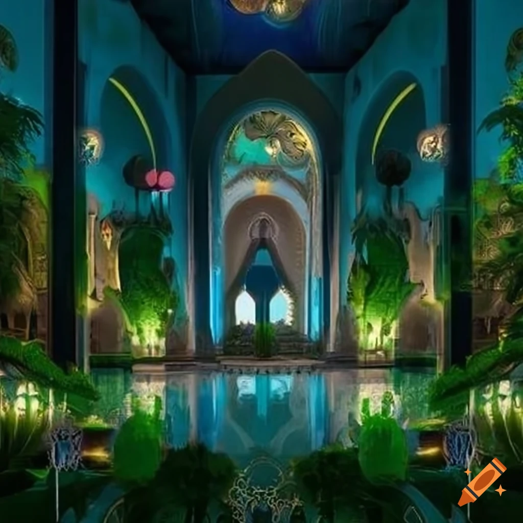 Arabic-inspired fantasy palace surrounded by lush plants on Craiyon