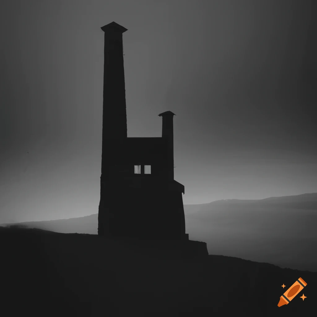 Sunset silhouette of a Cornish tin mine engine house on Craiyon