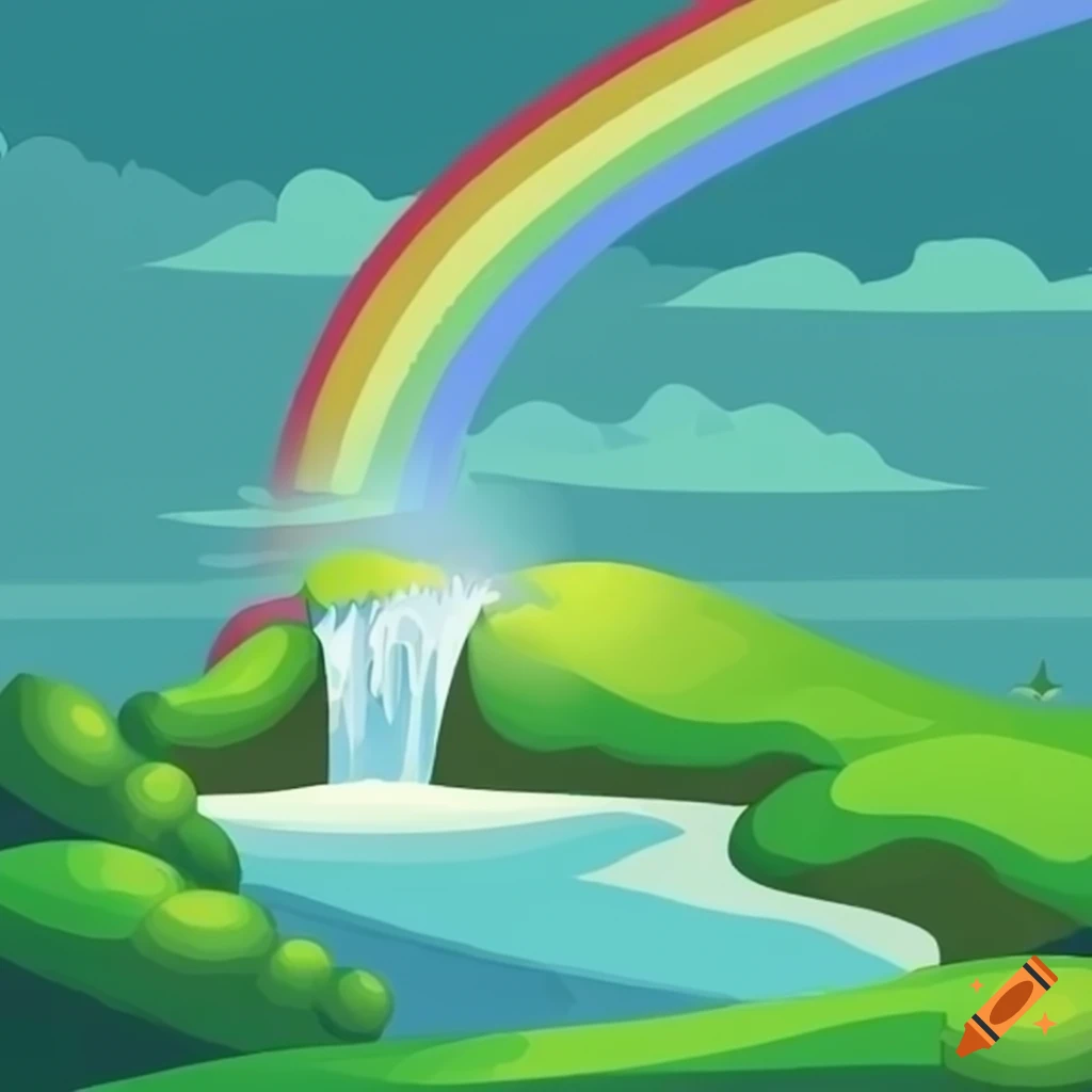 Cartoon illustration of a green valley with rainbow waterfall on Craiyon