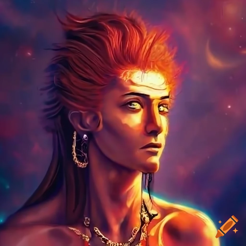 Sculpture of a copper-bodied moon god with long red hair on Craiyon