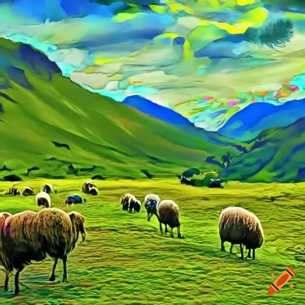 Aerial view of alpha mountains with grazing sheep and goats on Craiyon