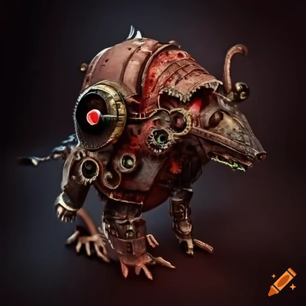Mechanical robotic giant boar with glowing eyes prepared for battle on ...