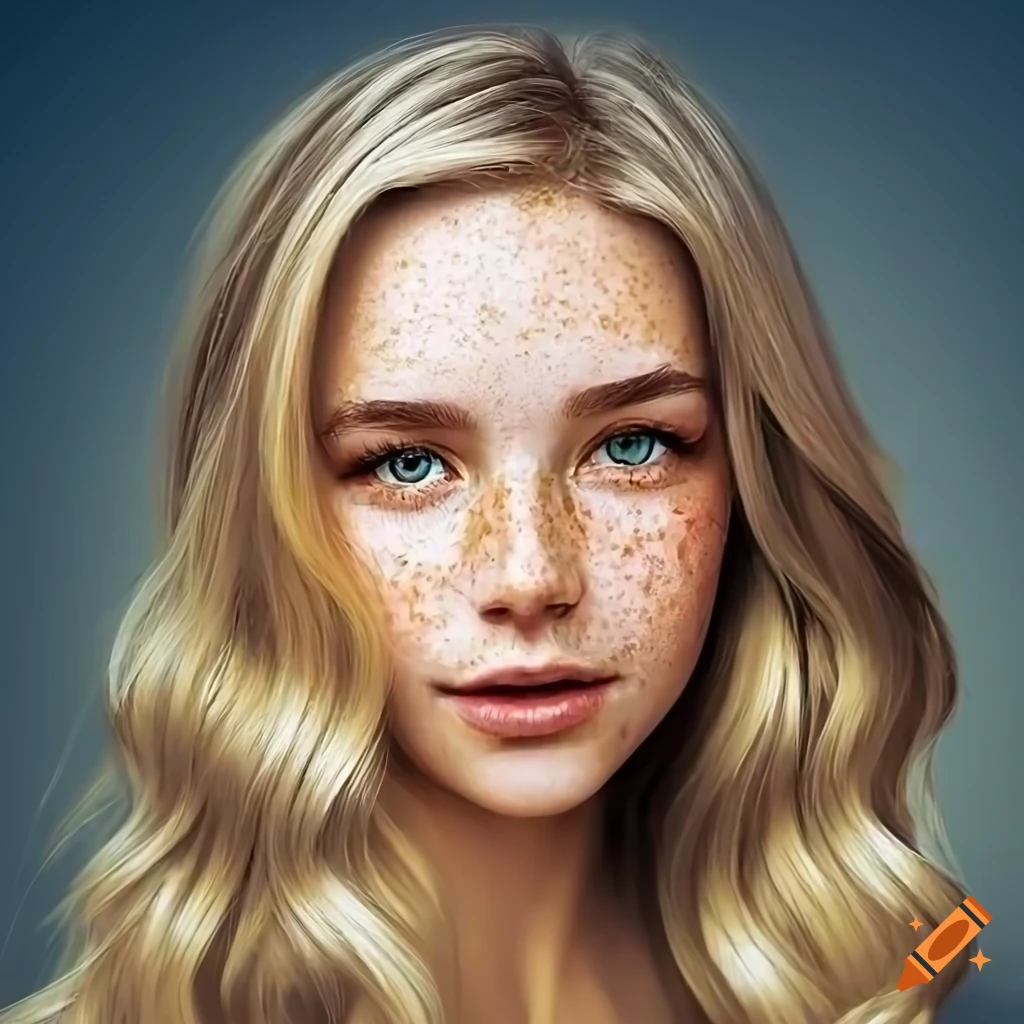 Portrait Of A Pretty Young Woman With Freckles And Wavy Blonde Hair On