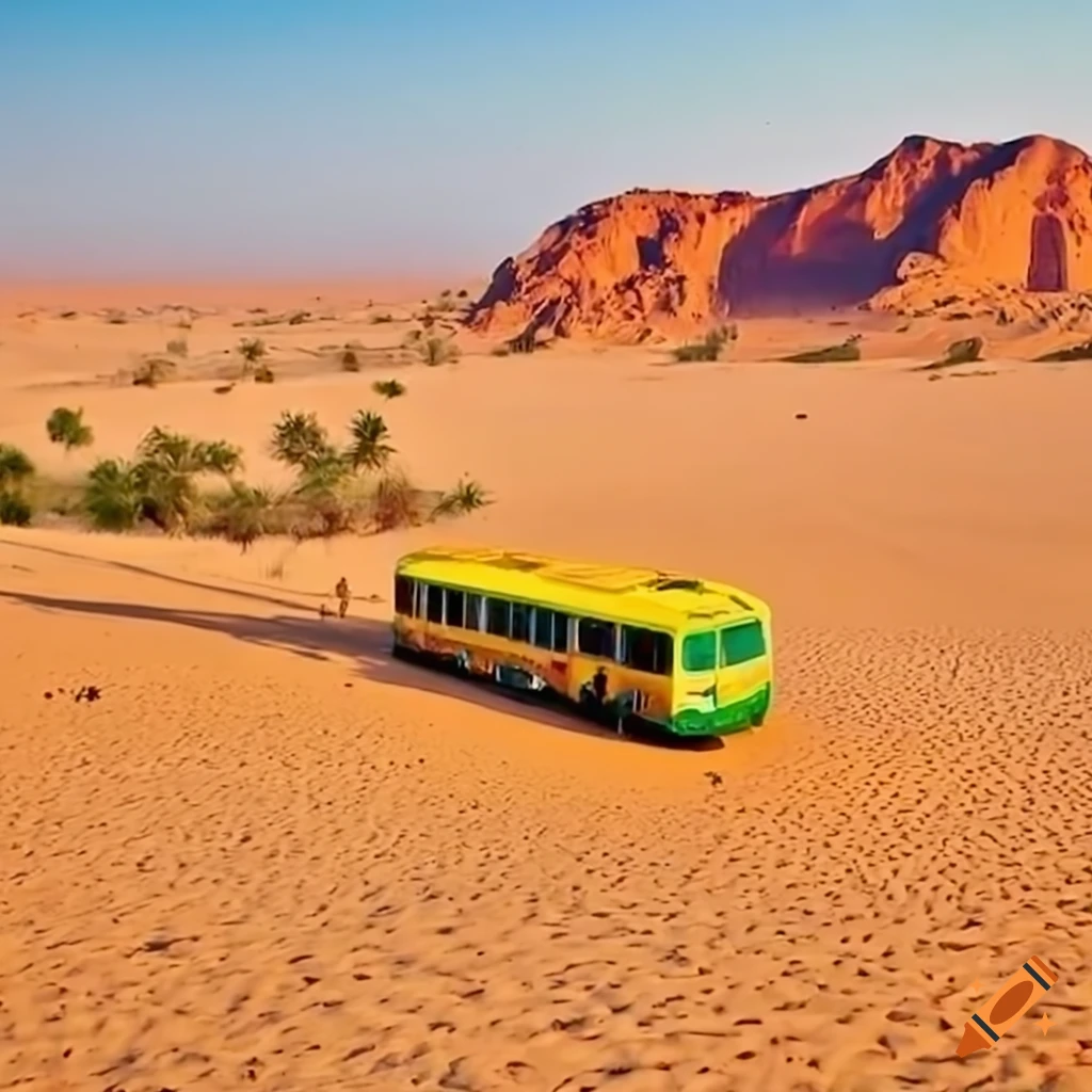 Desert oasis with palm trees and a yellow bus