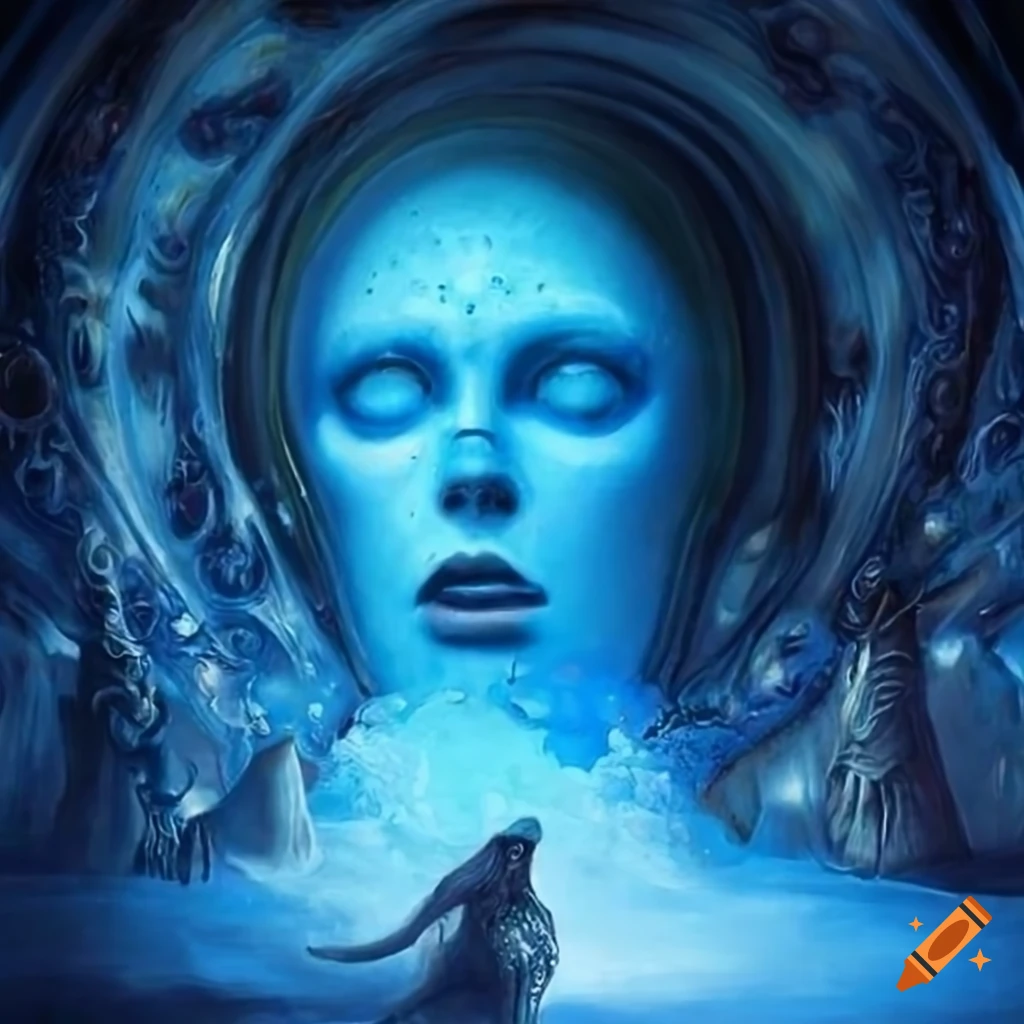 Epic painting of a cryogenic woman in ice
