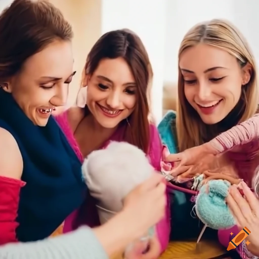 People knitting together at a cosy coffeshop with sofas on Craiyon