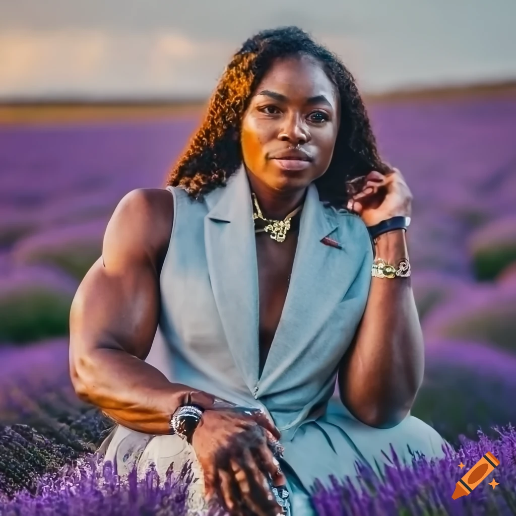 Artistic portrait of a strong african woman in lavender fields on Craiyon