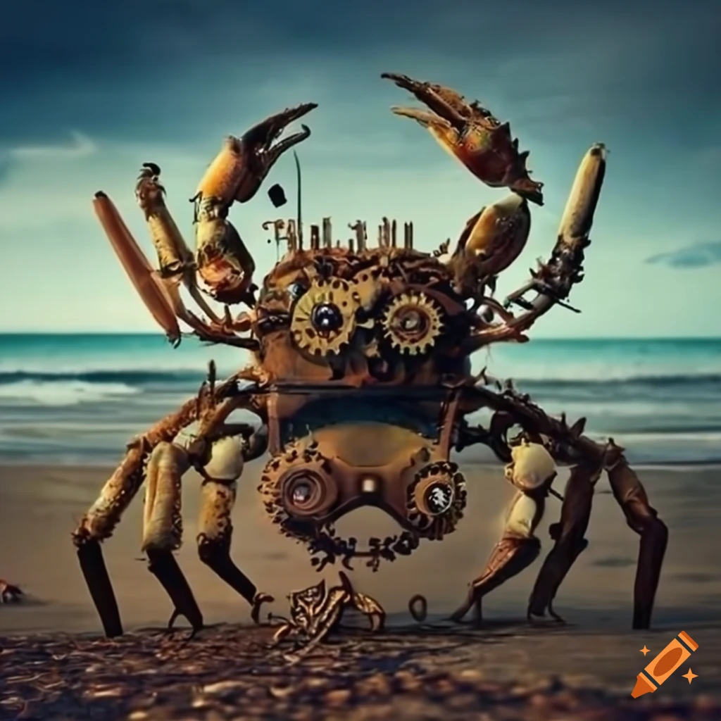 Surreal steampunk crab machines on the beach on Craiyon