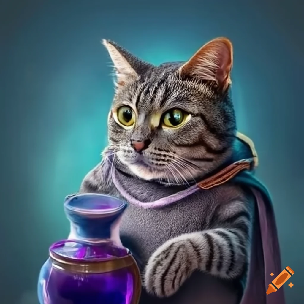 Grey tabby cat dressed as a wizard brewing a potion on Craiyon