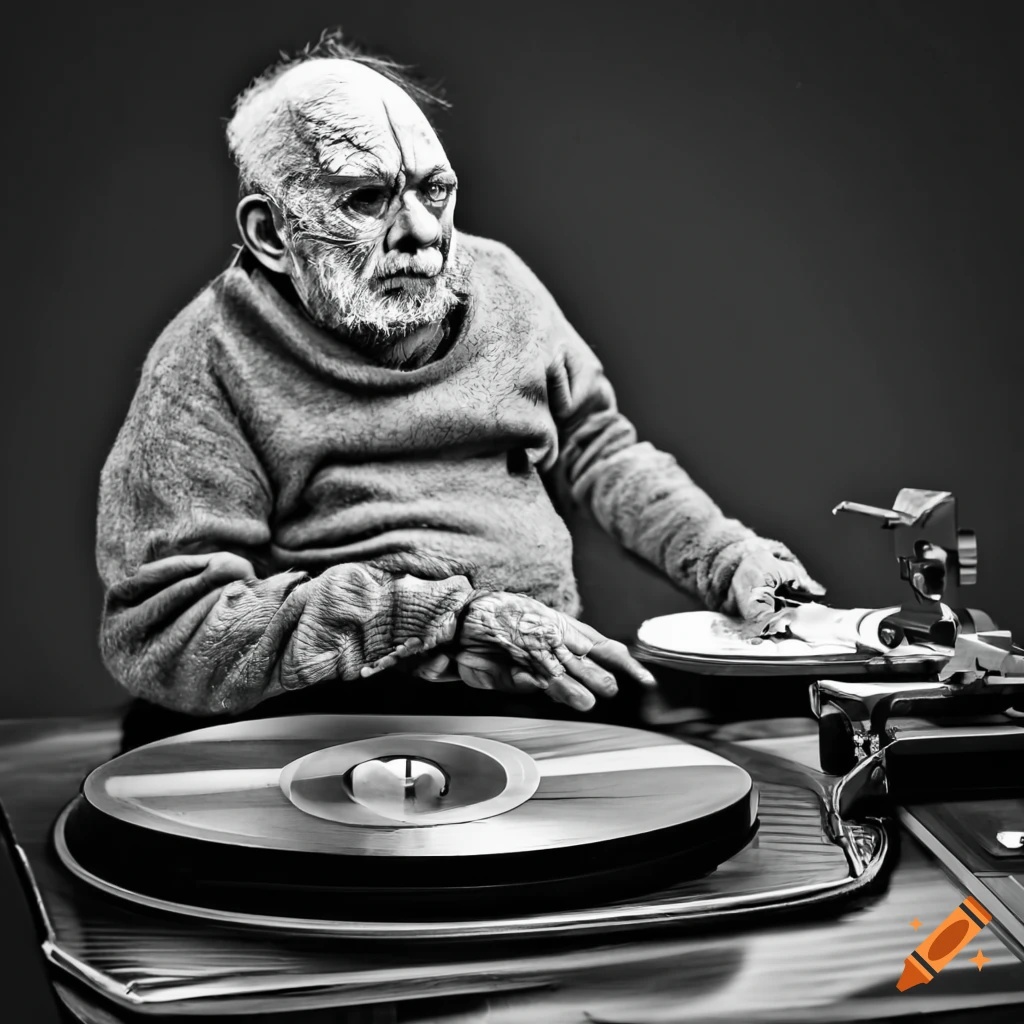 Black and white image of a grumpy old man on turntables on Craiyon