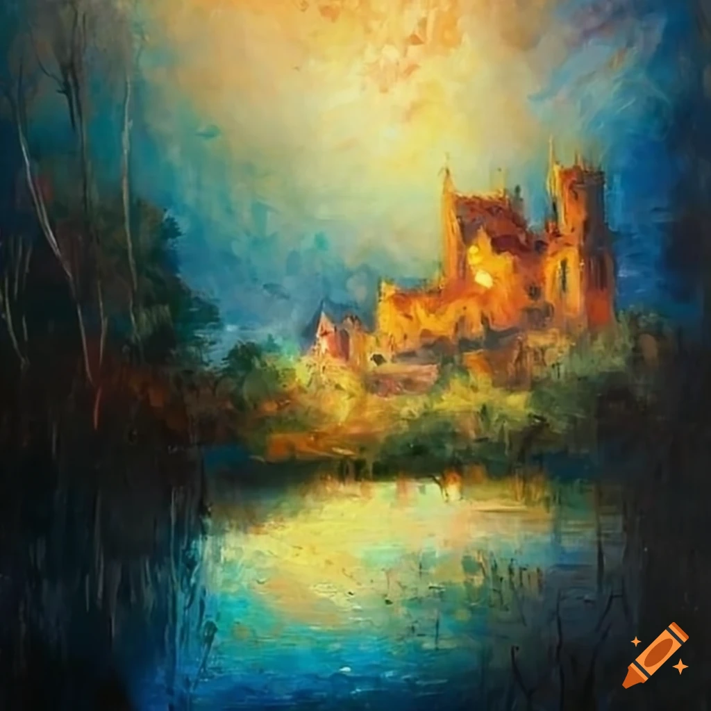 Impressionist painting of an eclipse over a lake with a castle on Craiyon