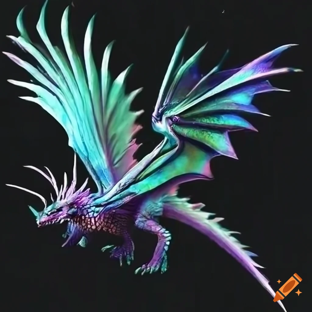 Realistic depiction of a flying iridescent dragon