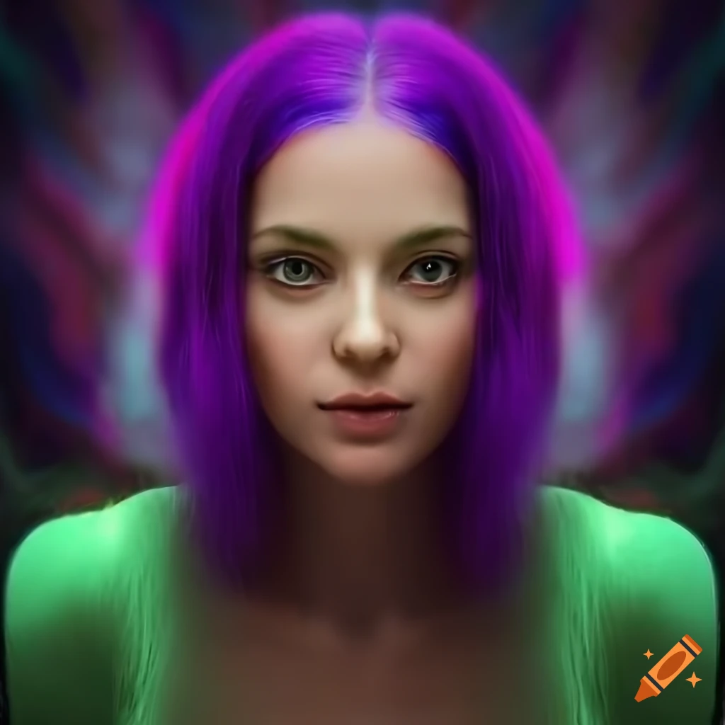 Portrait of a female artist producer with green and violet hair on Craiyon