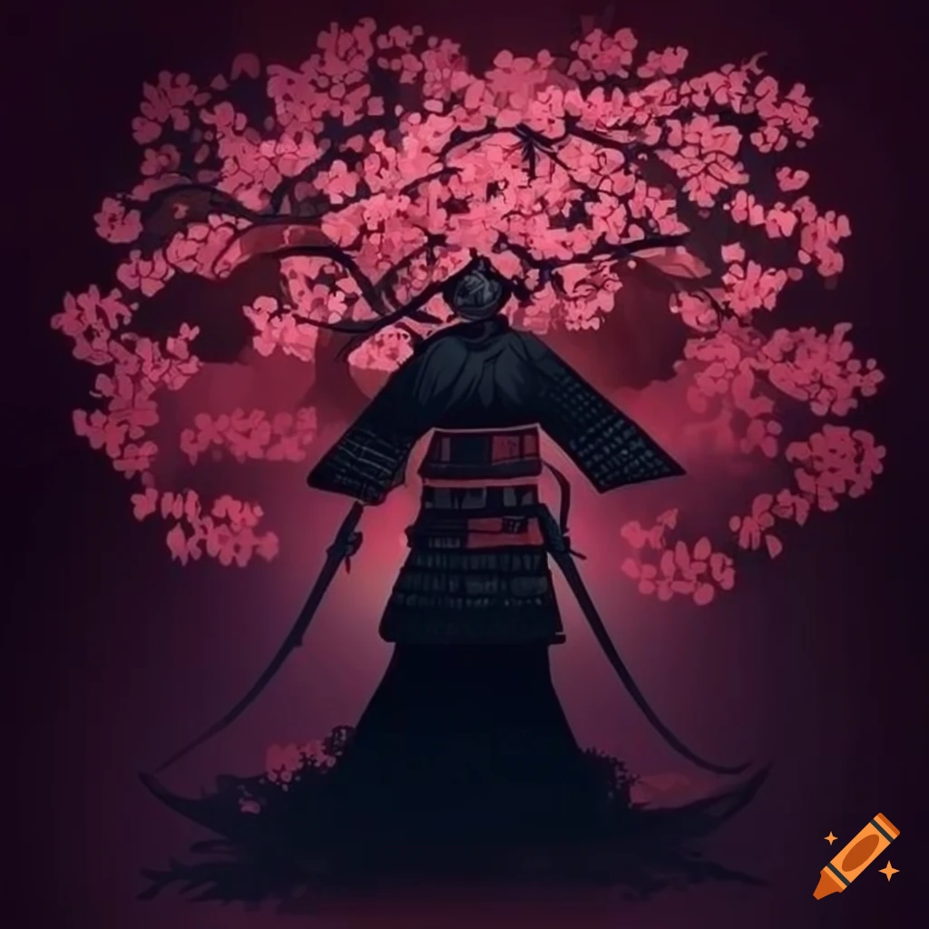 Illustration of a samurai under a sakura tree