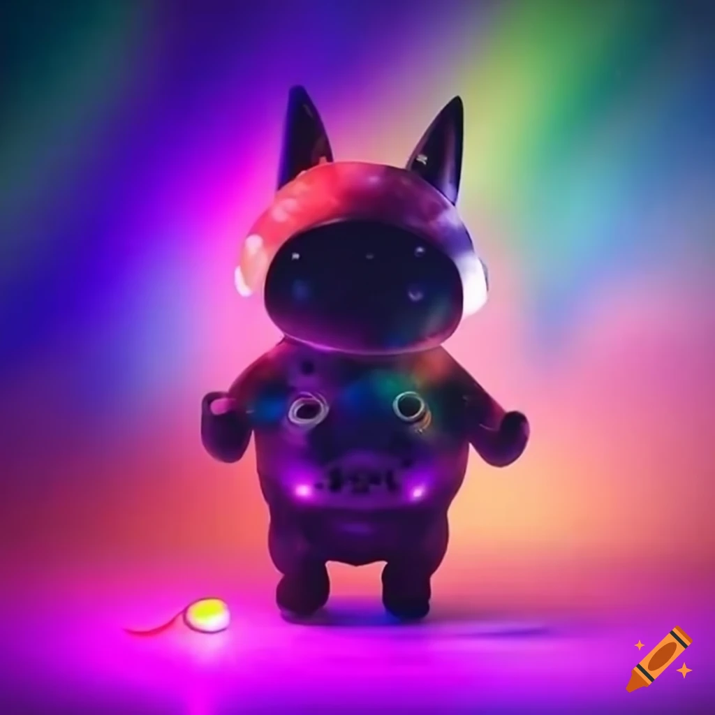Purple cartoon character djing at a vibrant booth on Craiyon