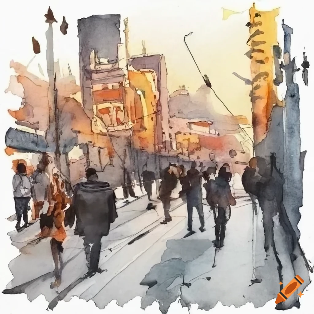Watercolor painting of a busy city street at sunset on Craiyon