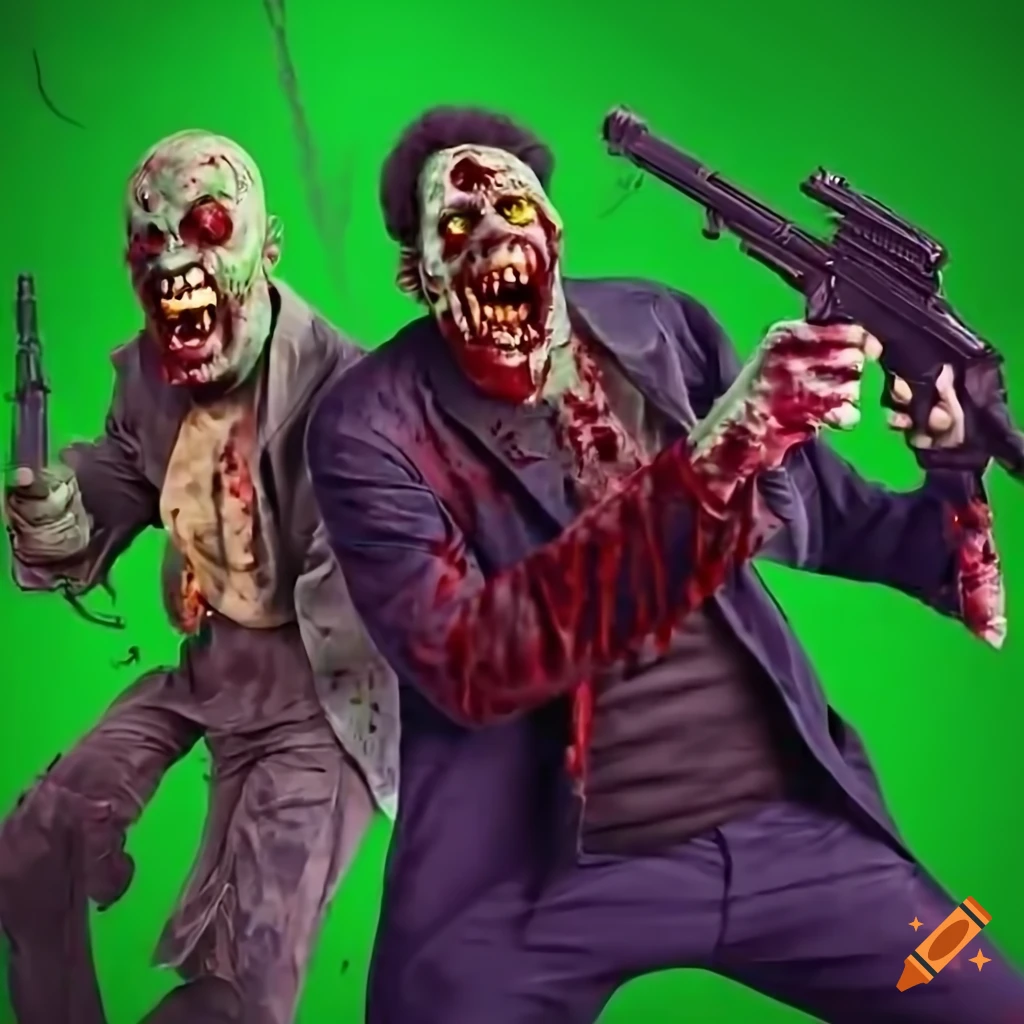 Two men fighting off zombies with guns on Craiyon