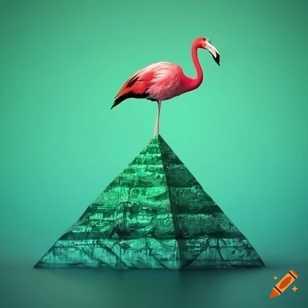 Surreal artwork of a flamingo on a floating green pyramid
