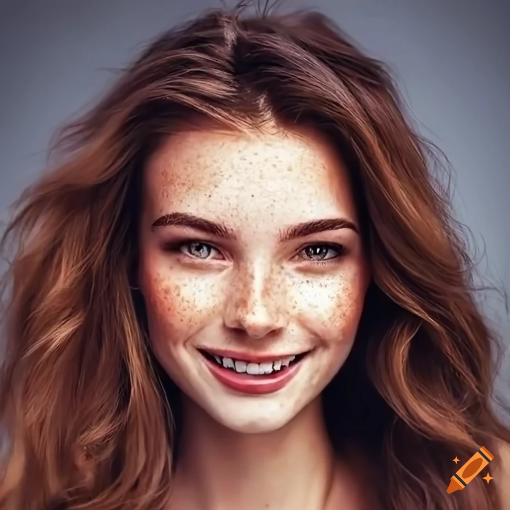 Portrait of a young woman with a joyful smile and freckles on Craiyon