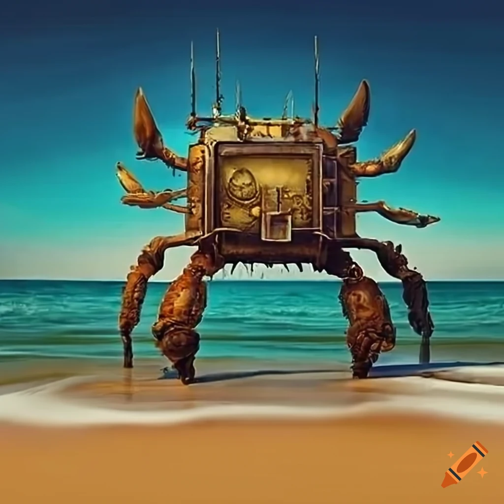 Surrealistic steampunk crab machines on the beach on Craiyon